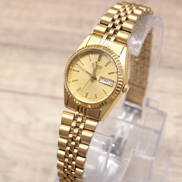 Seiko | Accessories | Seiko Watch Womens Gold Tone Stainless Steel Classic Gold Date Dial Rare ...